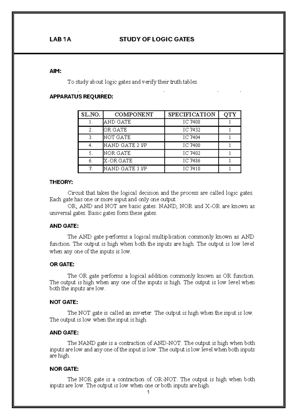 LAB 1A: Study of Logic Gates and Boolean Theorems Verification - Studocu