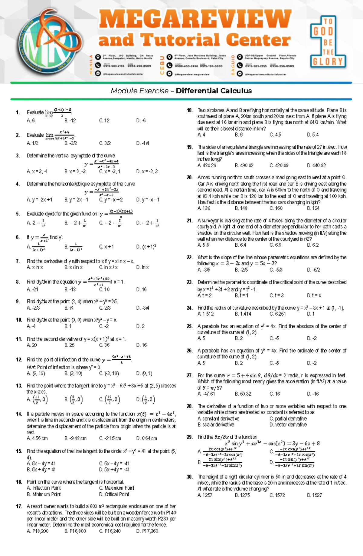 Differential Calculus Module Exercise: Key Limits & Derivatives Problems - Studocu