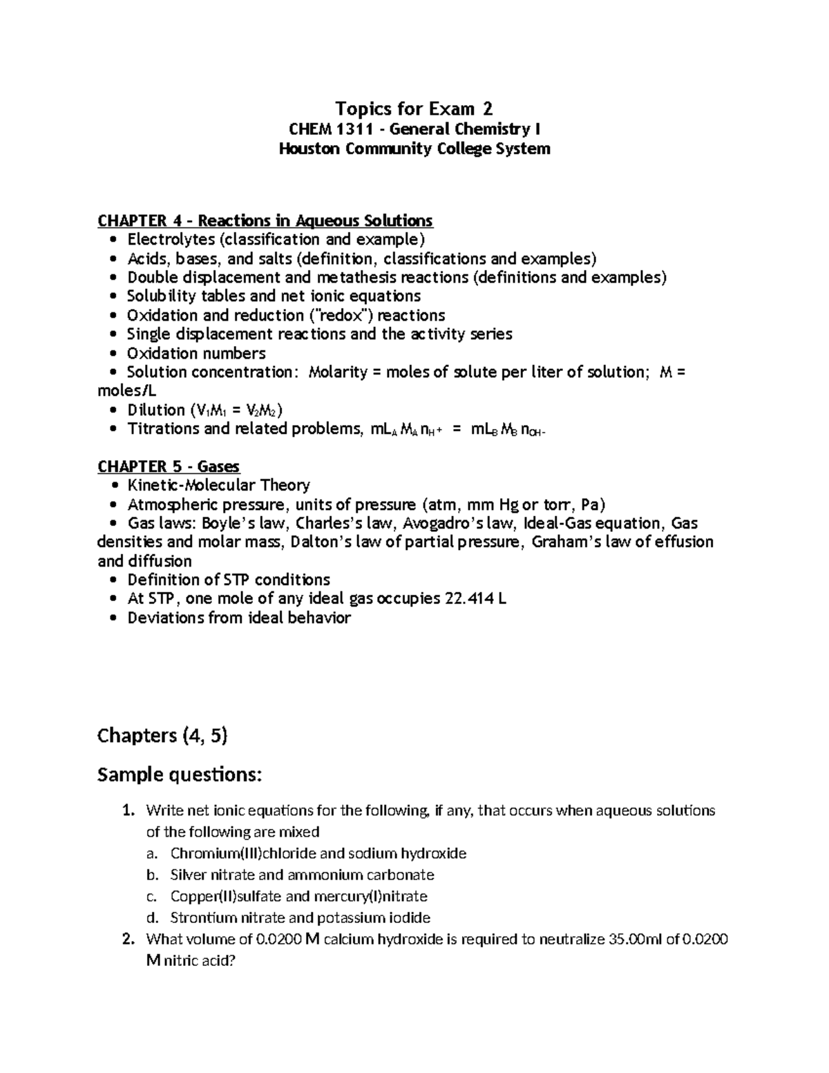 Exam 2 Review: Gases & Aqueous Solutions CHEM 1311 - Studocu