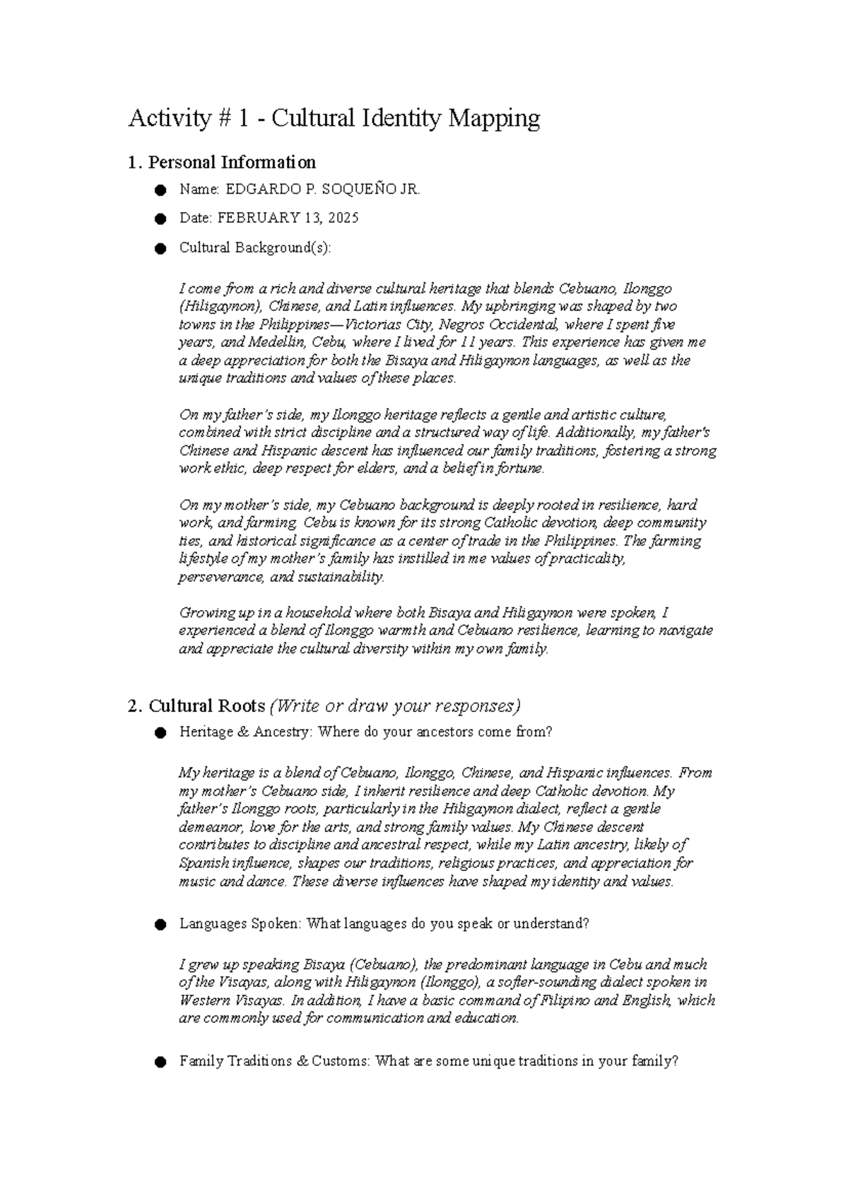 Cultural Mapping Activity 1: Exploring My Diverse Heritage - Studocu