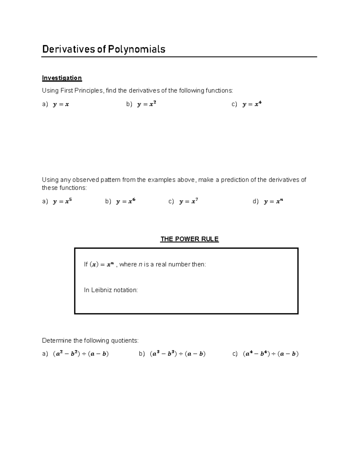 Derivatives of Polynomials: Unit 2 Handouts and Investigations - Studocu