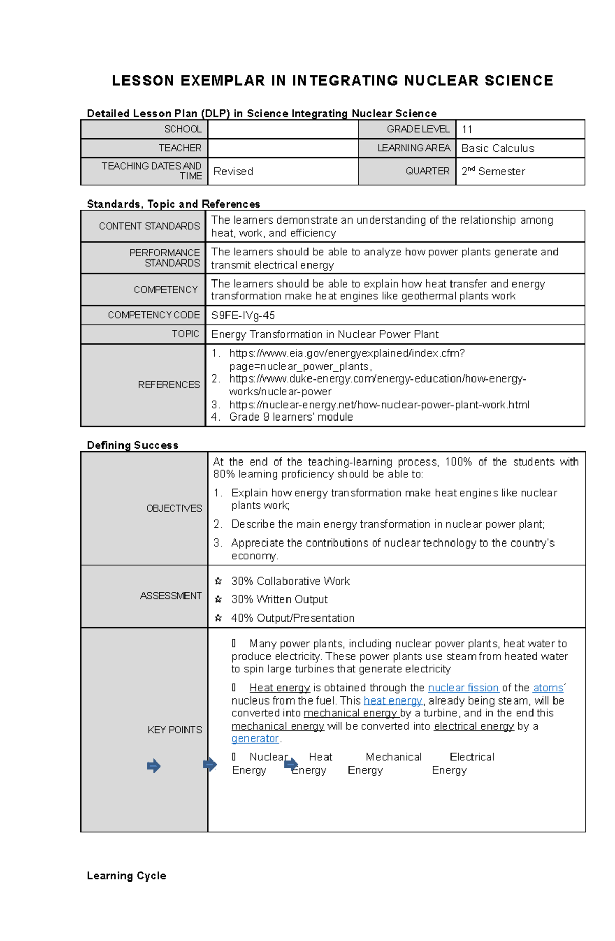 LESSON PLAN TEMPLATE SEVEN E's - LESSON EXEMPLAR IN INTEGRATING NUCLEAR ...