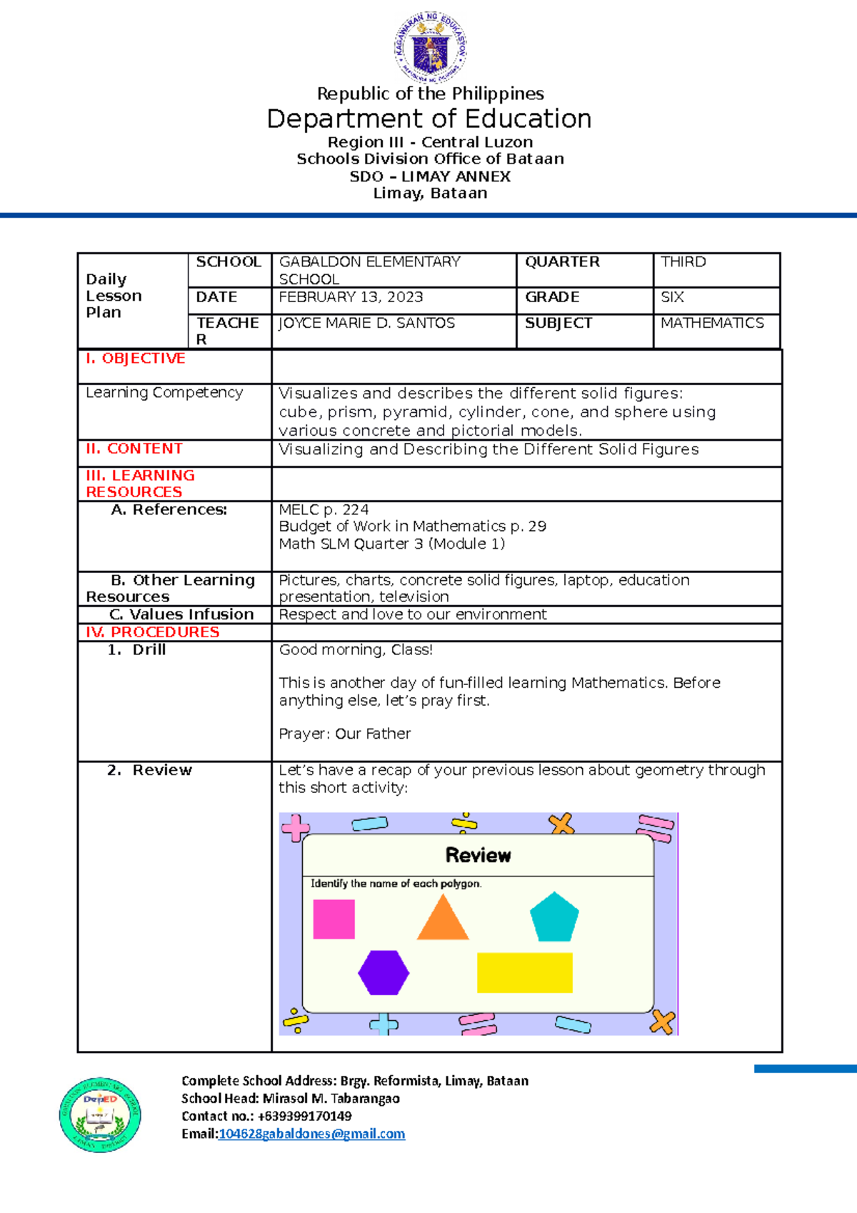 Math 6 Q3 Lesson Plan: Visualizing Solid Figures - COT - Studocu