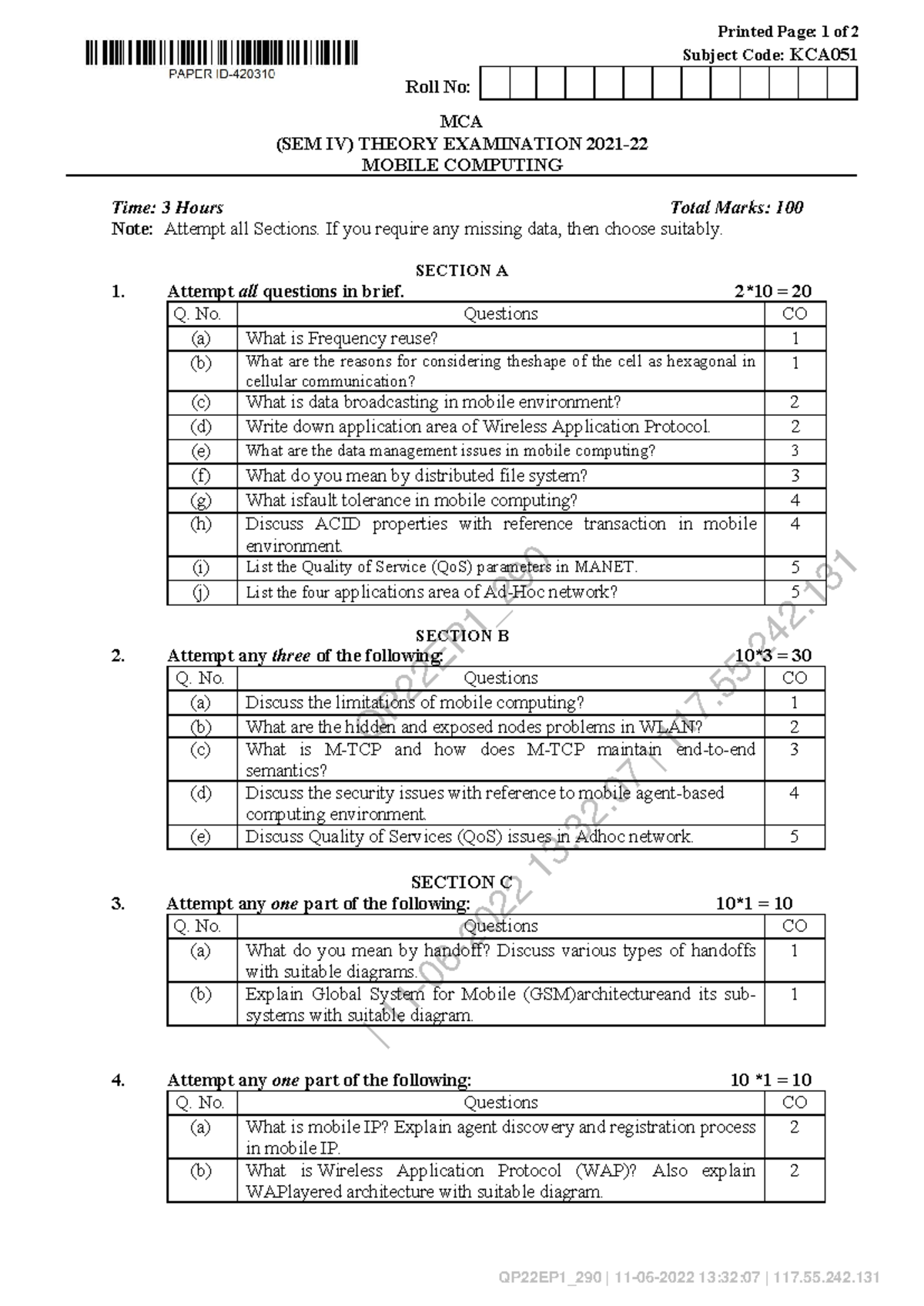 Mobile Computing Theory Exam KCA 051 1 - Sem IV QP22EP1_ - Studocu