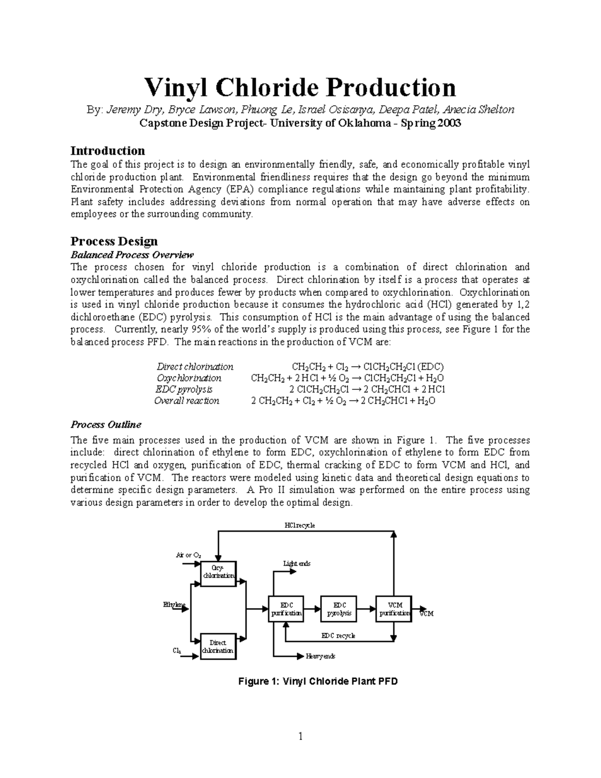Vinyl Chloride Production Design: Capstone Project (CENG 4993 ...