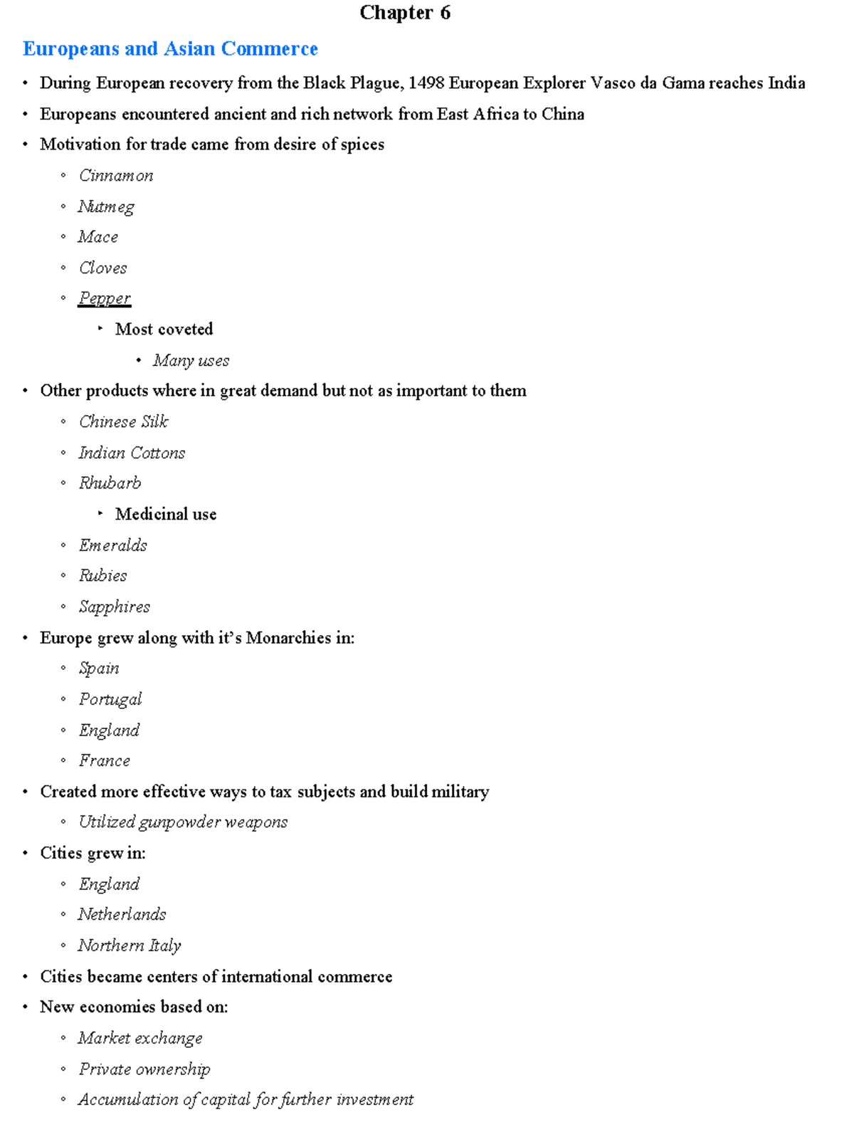 AP World History Chapter 6 Notes: Europeans and Asian Commerce - Studocu