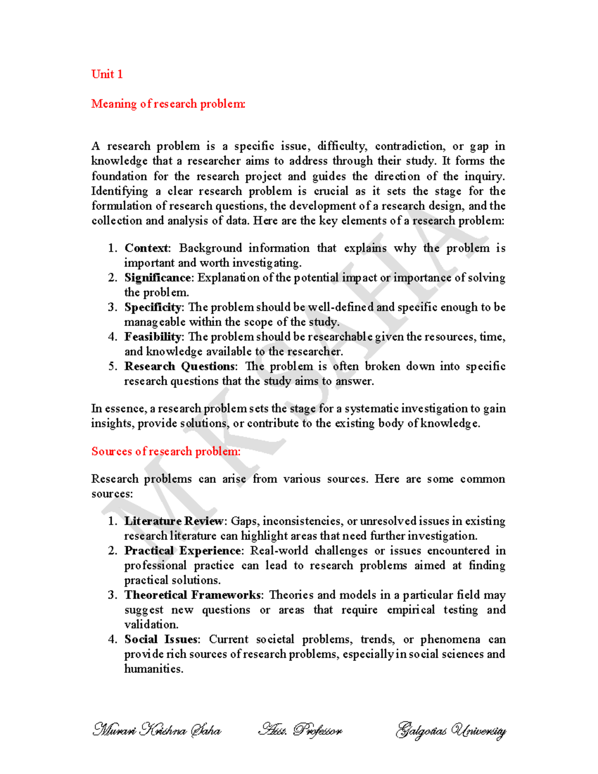 RM Note Unit 1 - Class Note - Unit 1 Meaning of research problem: A ...