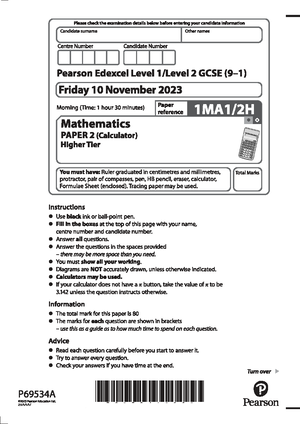 Edexcel GCSE Maths Higher Formulae Sheet 2022 - W73375A W73375A ©2022 Pearson Education Ltd ...