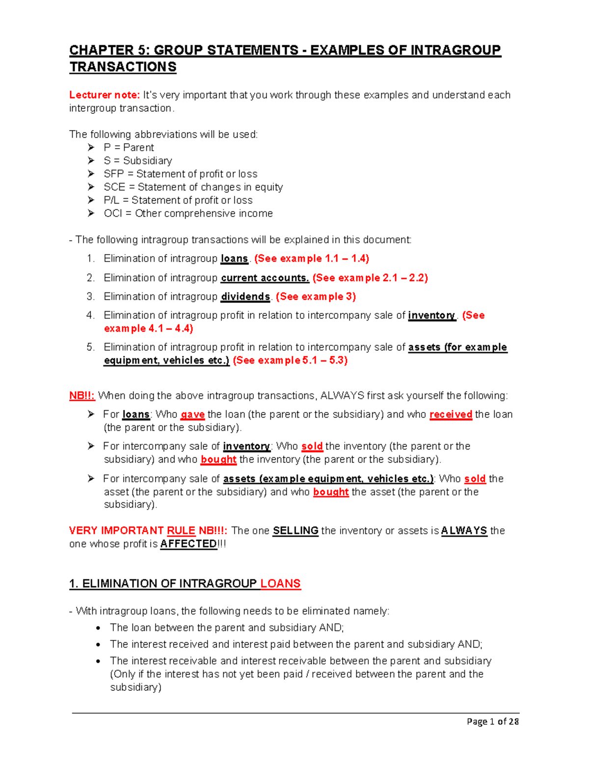 Chapter 5: Group Statements - Intragroup Transactions & Examples - Studocu