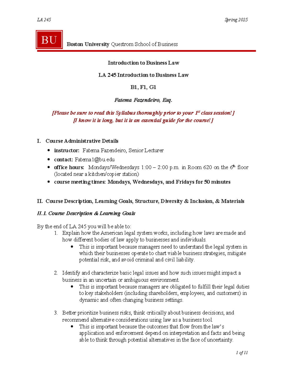 LA 245 Spring 2025 Syllabus: Introduction to Business Law at BU - Studocu