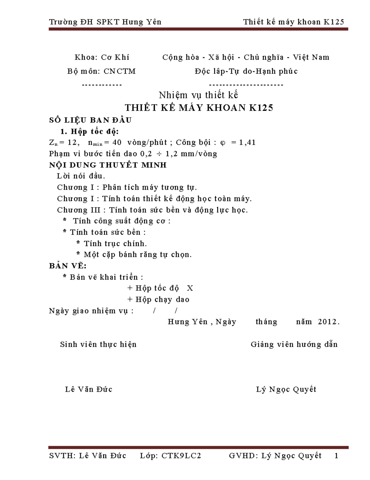 Đồ Án Thiết Kế Máy Khoan K125 - CNCTM Khoa Cơ Khí - Studocu