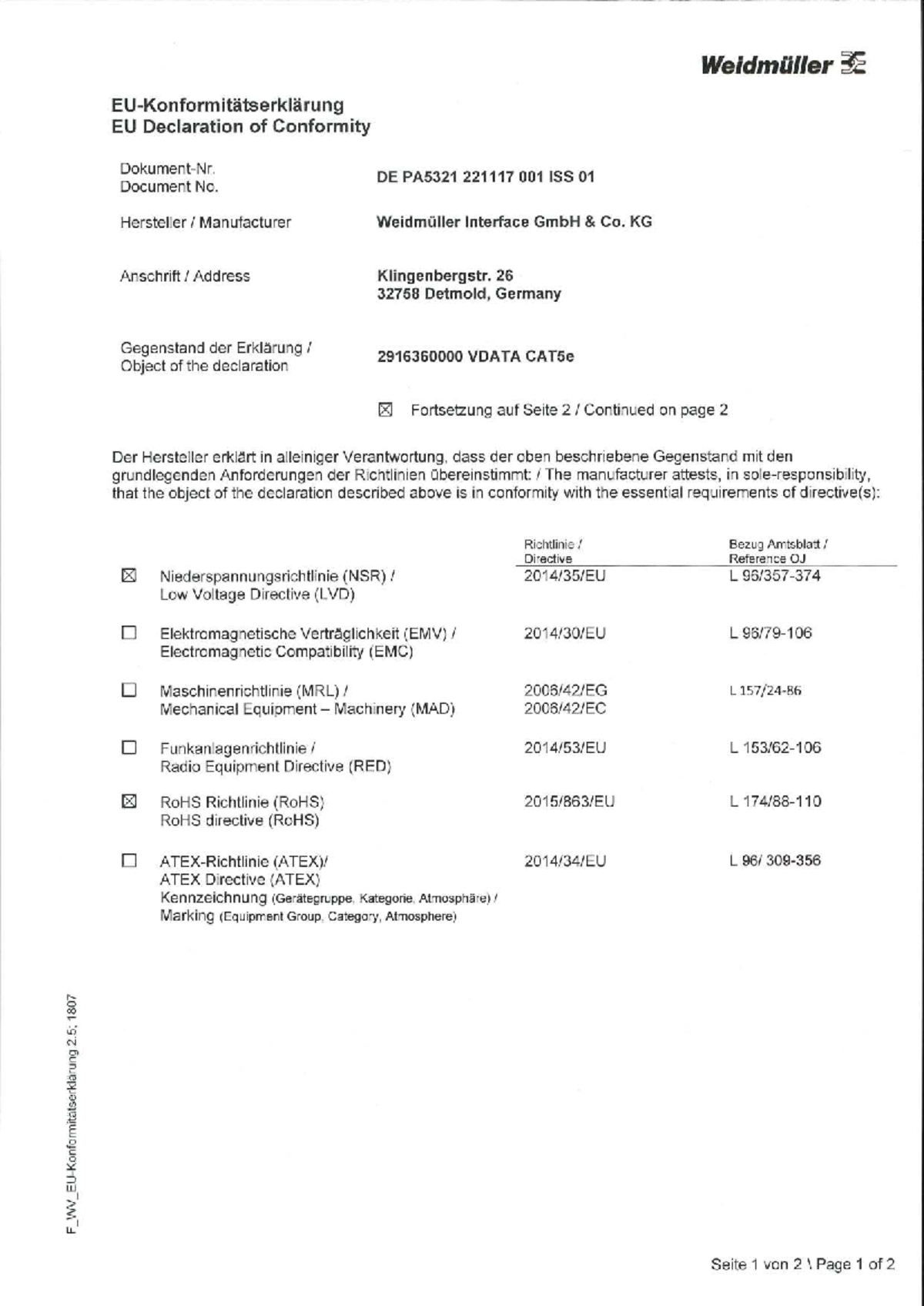 Weidmüller CE Declaration of Conformity for VDATA CAT5e DE PA5321 - Studocu
