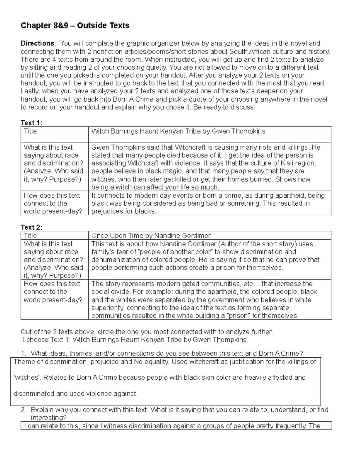 Chapter Analysis: Connecting Born A Crime with Nonfiction Texts on ...