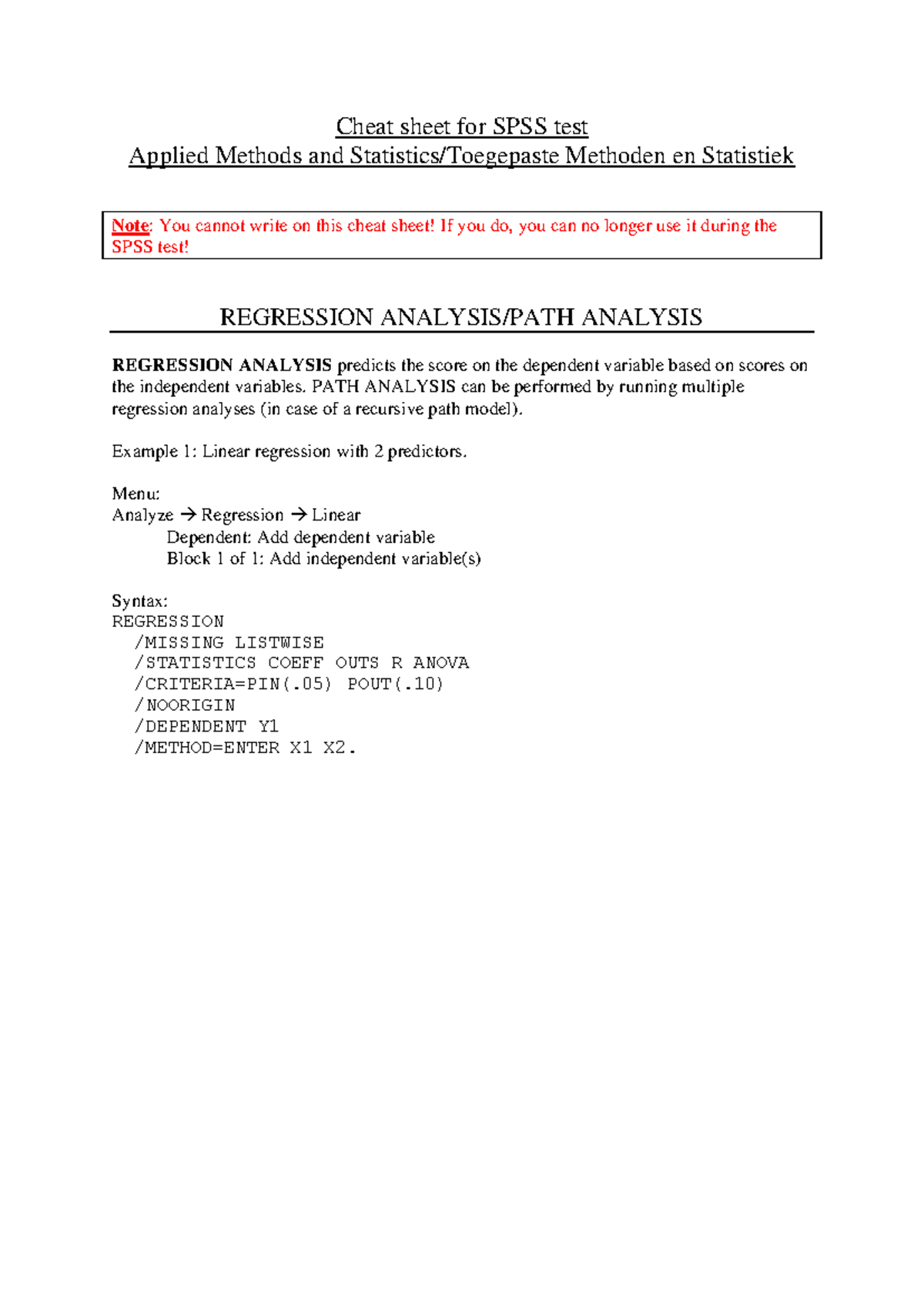 SPSS Test Cheat Sheet for Regression & Factor Analysis Techniques ...