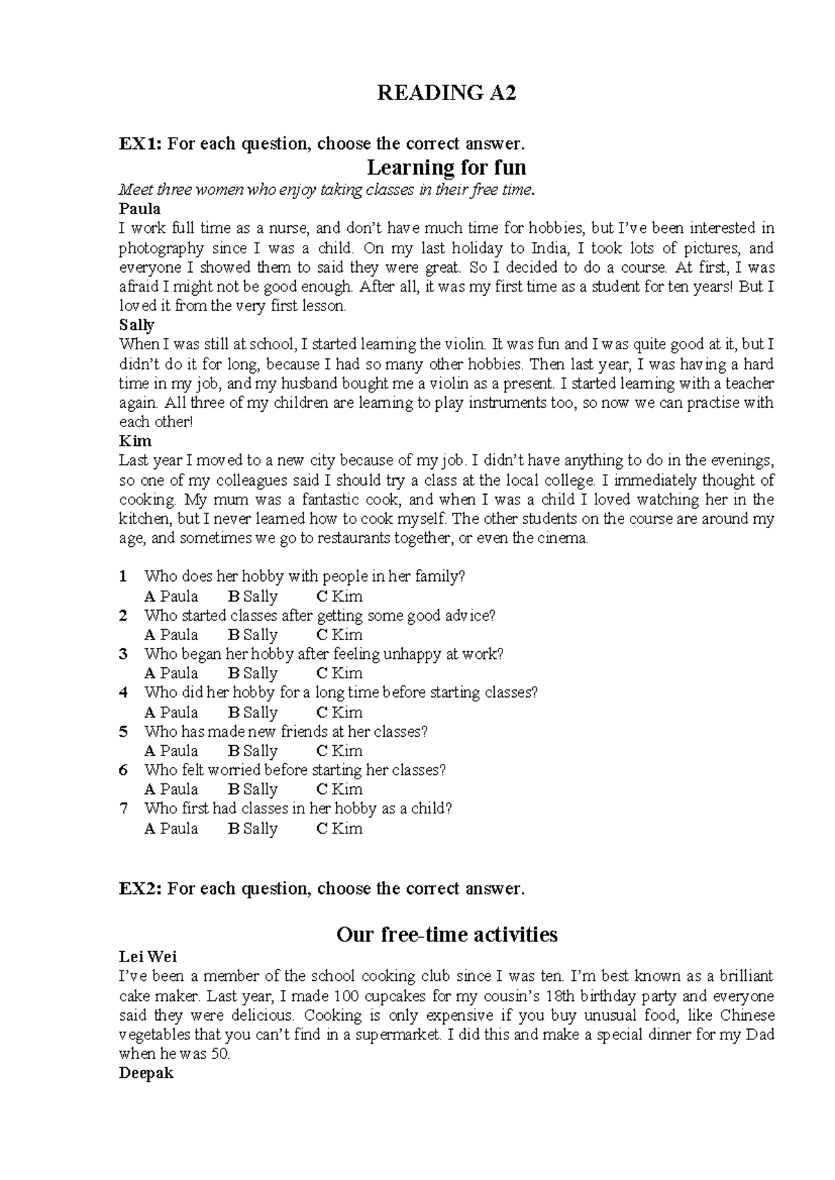 Reading A2: Enjoying Hobbies and Learning - Exercises 1 & 2 - Studocu
