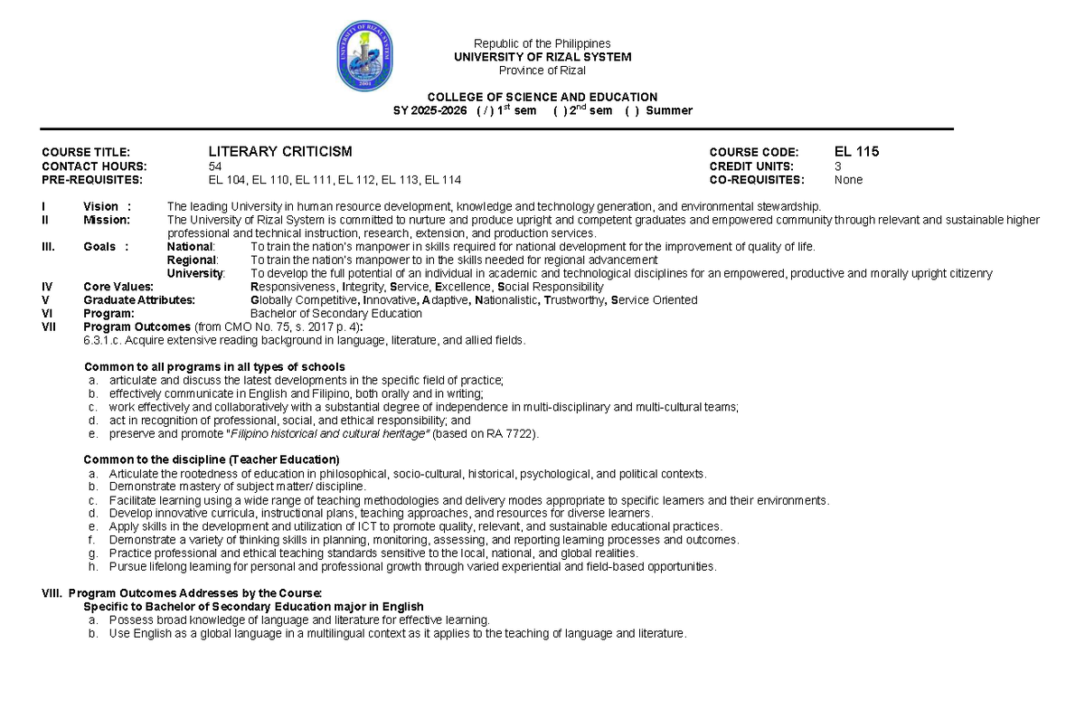 EL-115 Literary Criticism Course Overview and Outcomes - Studocu