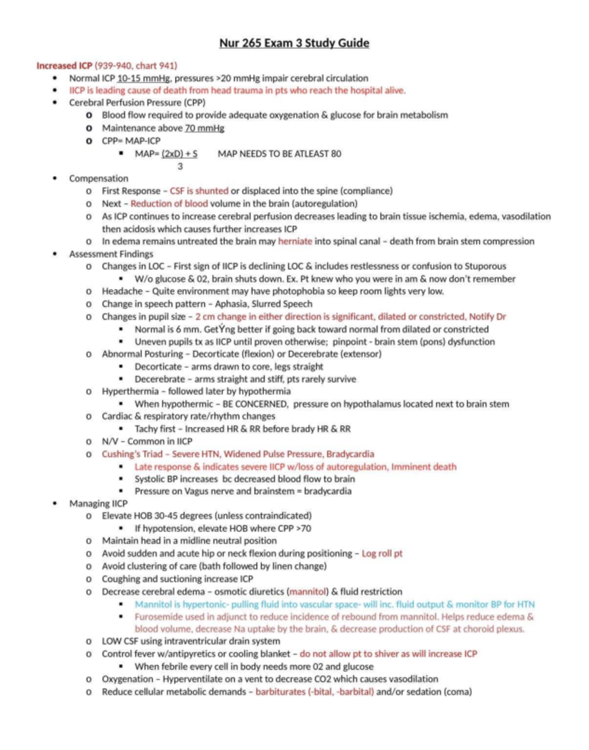 Nur 265 Exam 3 Study Guide: Increased ICP and Brain Injury Management ...