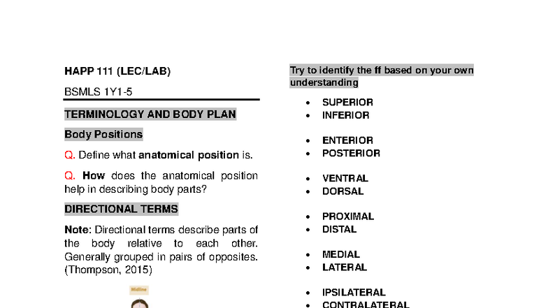 HAPP 111 Body Terminology and Anatomical Position Notes - Studocu