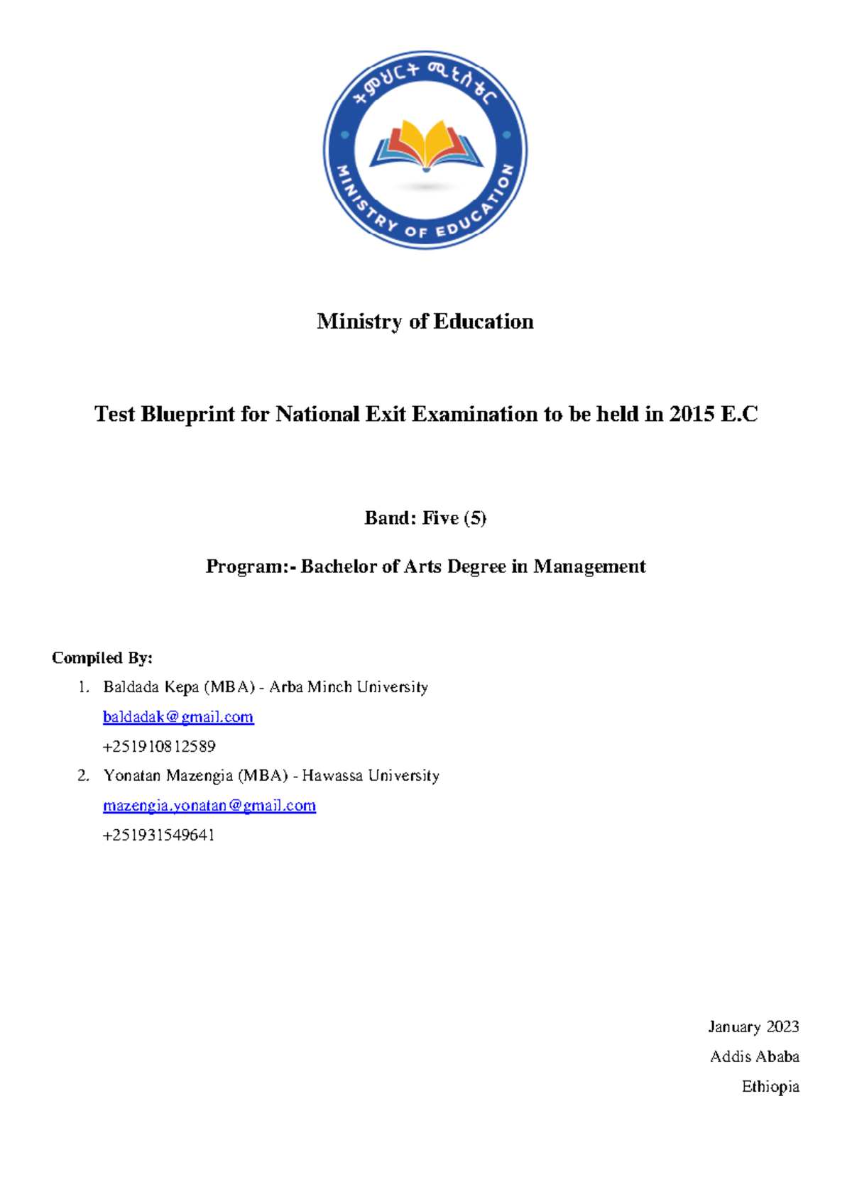 Test Blueprint for National Exit Exam: BA in Management 2015 E.C. - Studocu