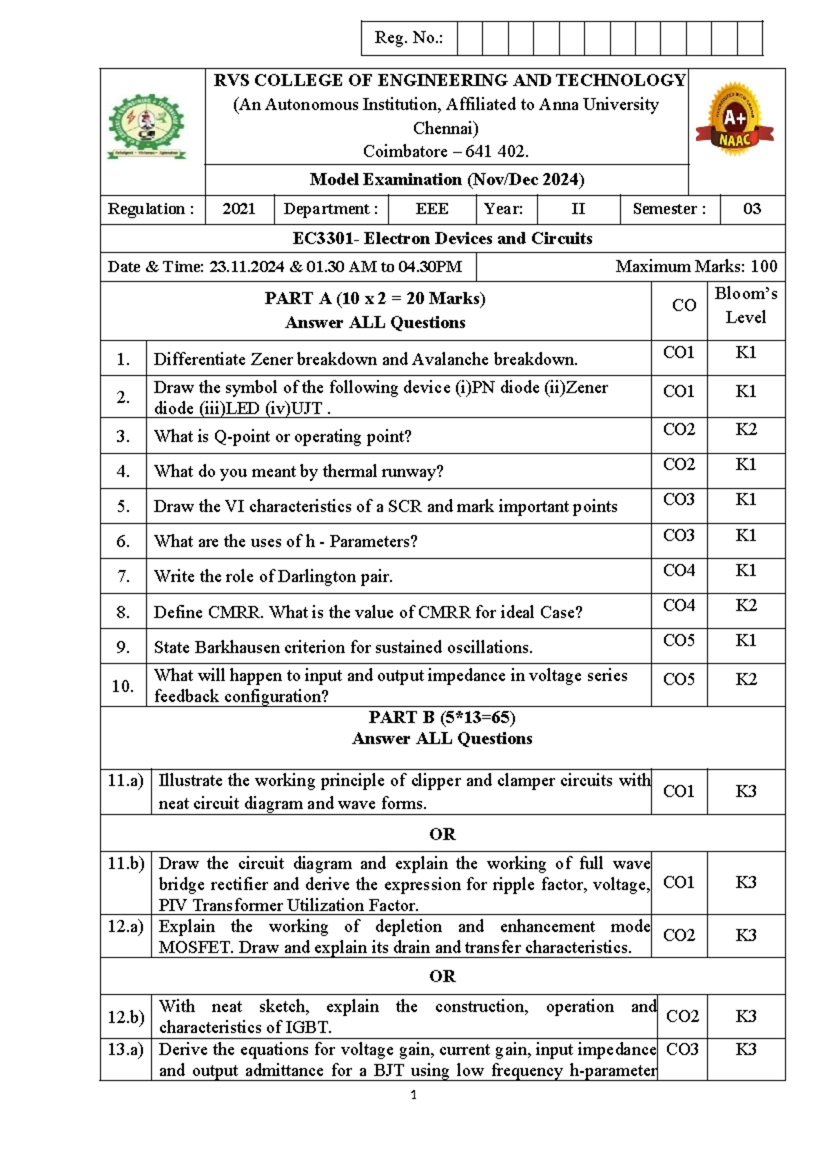EDC 2024 Model Exam Question Paper - II Year, Semester 03 - Studocu