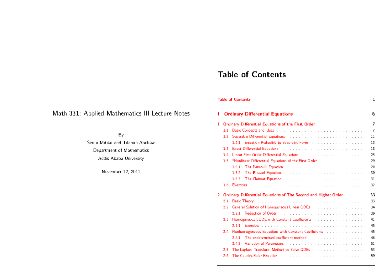 Math 331: Applied Mathematics III Lecture Notes on ODEs and Analysis ...