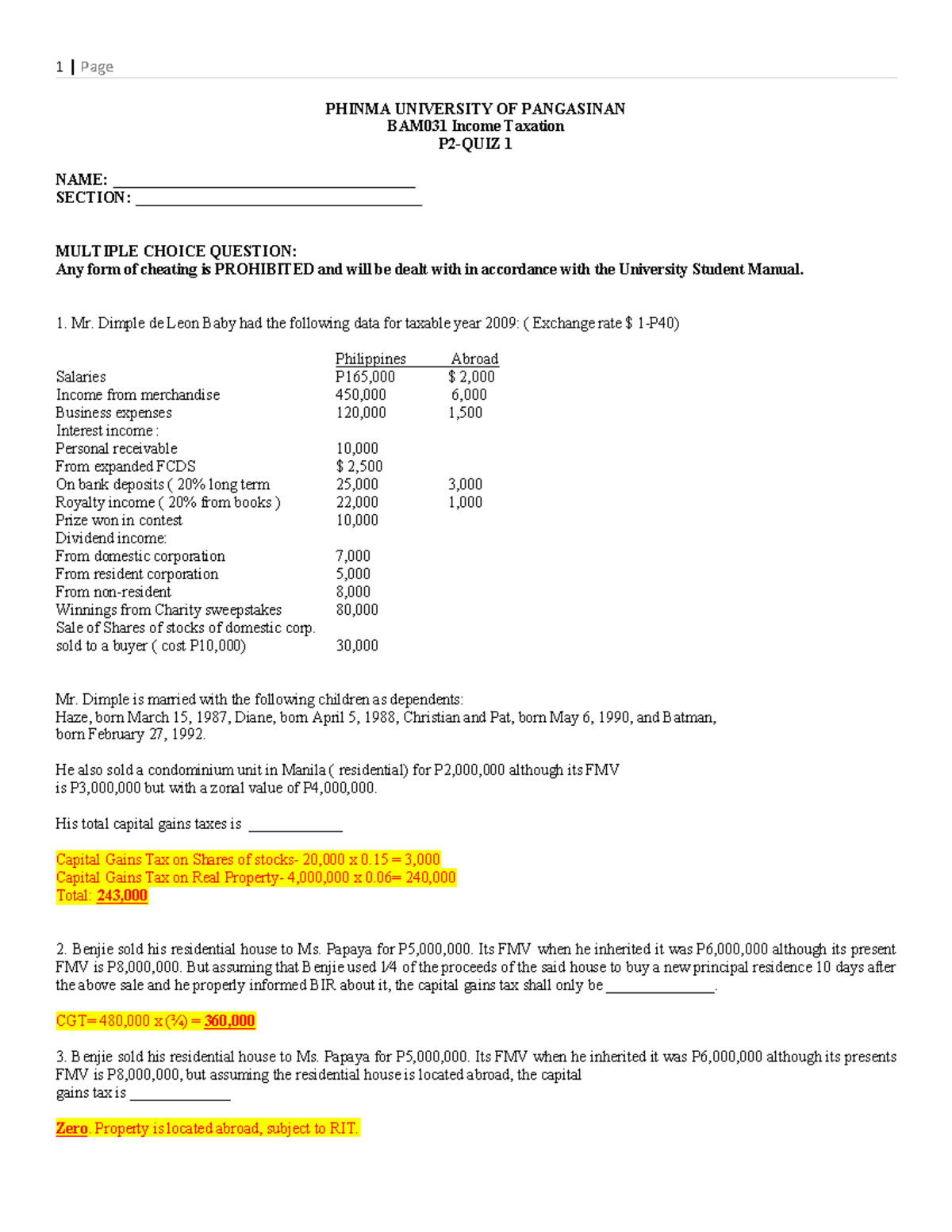 BAM031 P2 Quiz 1 - Comprehensive Capital Gains Tax Solutions - Studocu