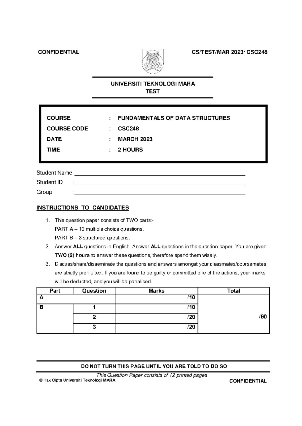 Test 1 CSC248: Fundamentals of Data Structures - March 2023 - Studocu