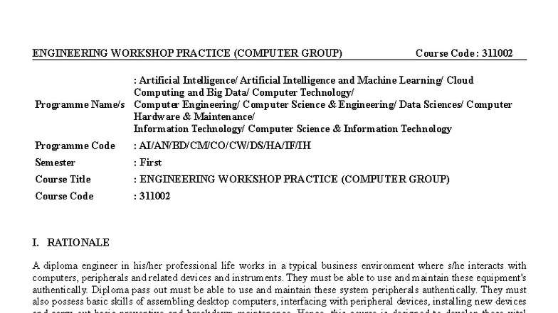 Engineering Workshop Practice (Computer Group) - Course 311002 Syllabus - Studocu