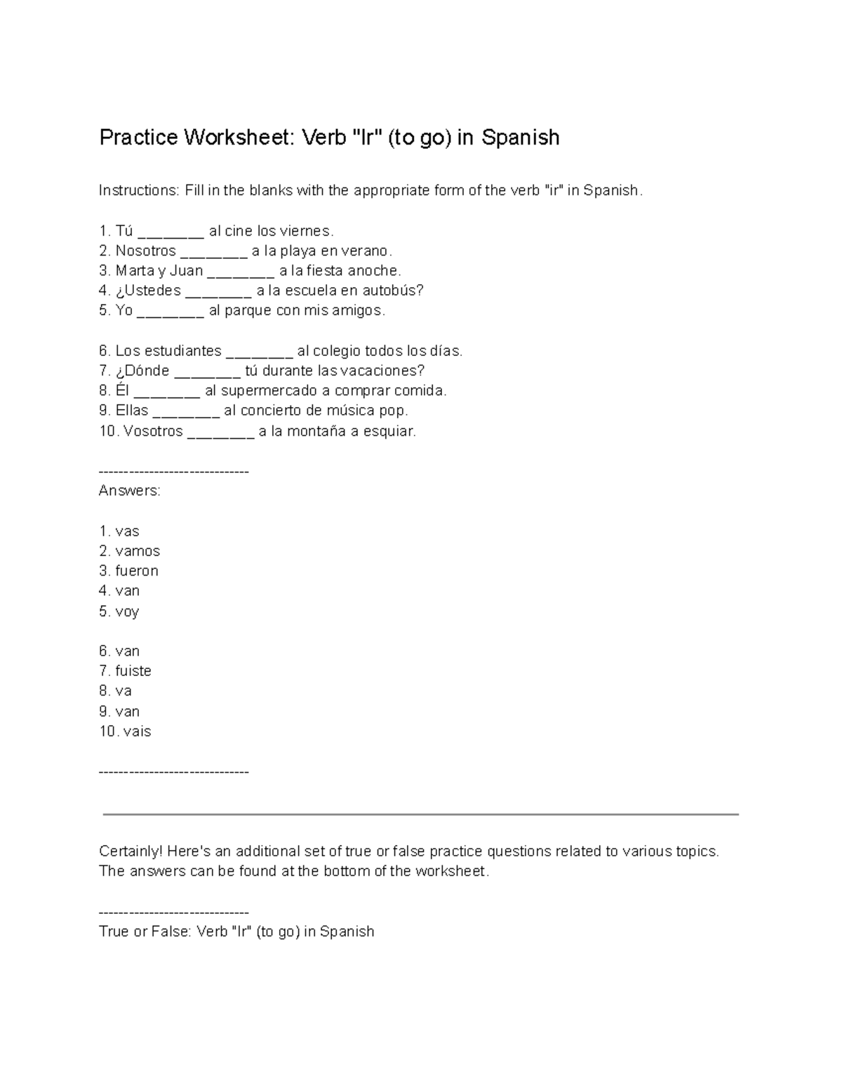 Practice Worksheet Verb "Ir" (to go) in Spanish - Practice Worksheet ...