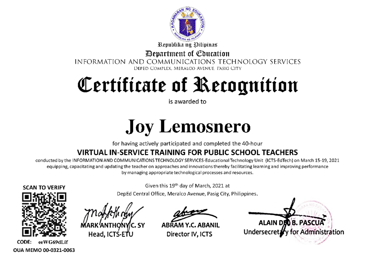 Virtual Inset Certification Recognition - Joy Lemosnero Document - Studocu