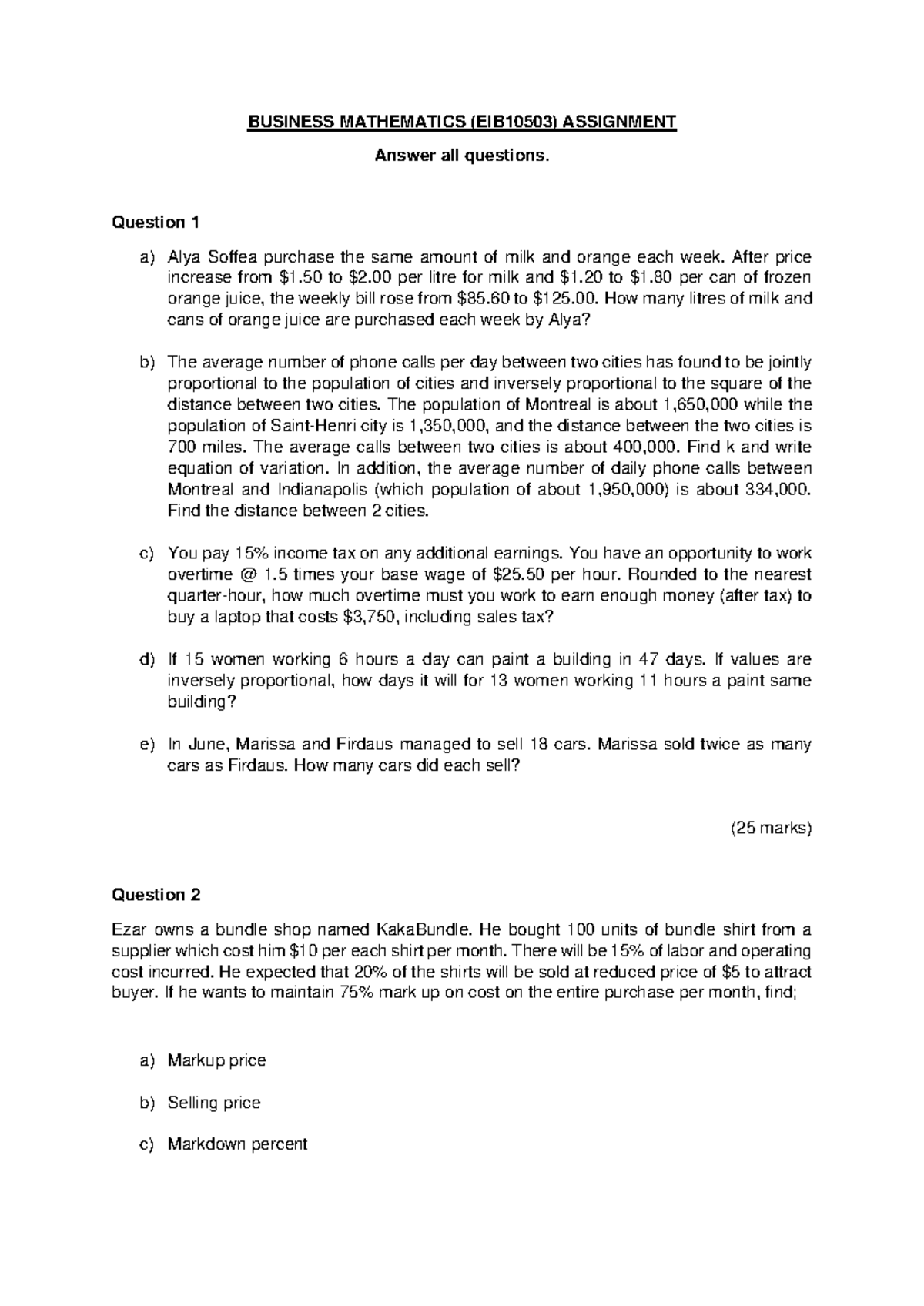 Business Mathematics Assignment (EIB10503) Solutions and Questions ...