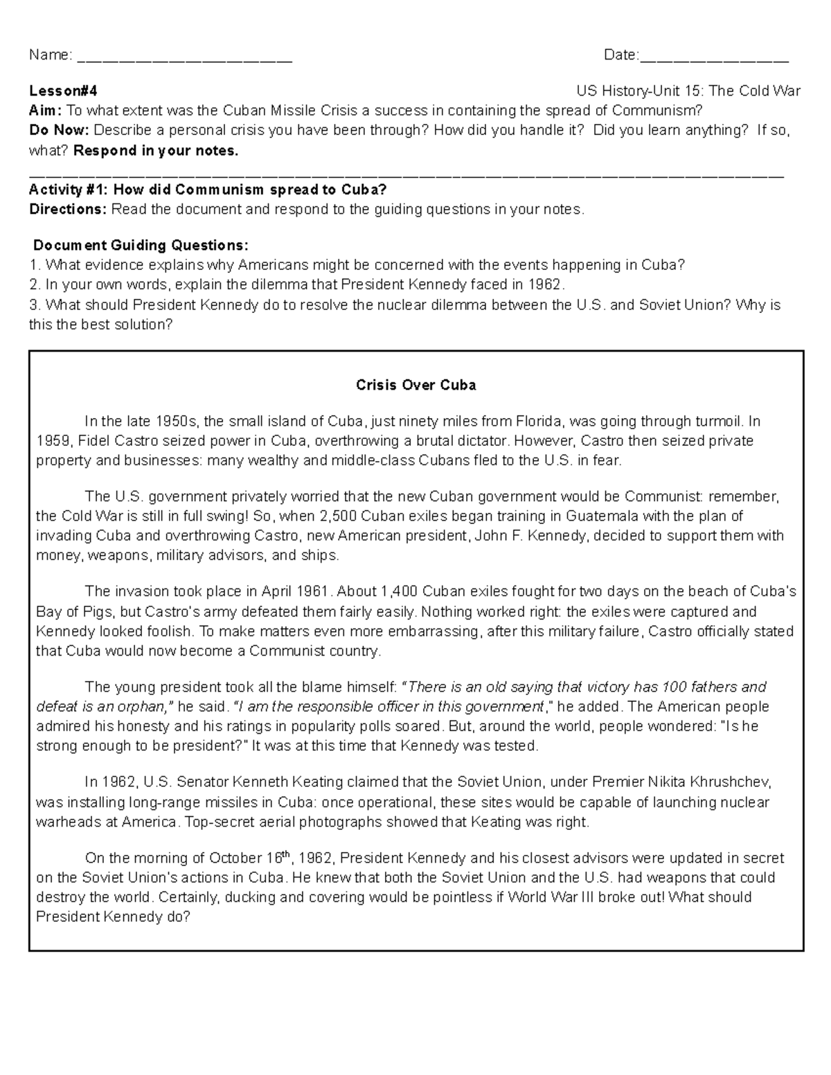 US 15: Lesson 04 - Analyzing the Success of the Cuban Missile Crisis ...