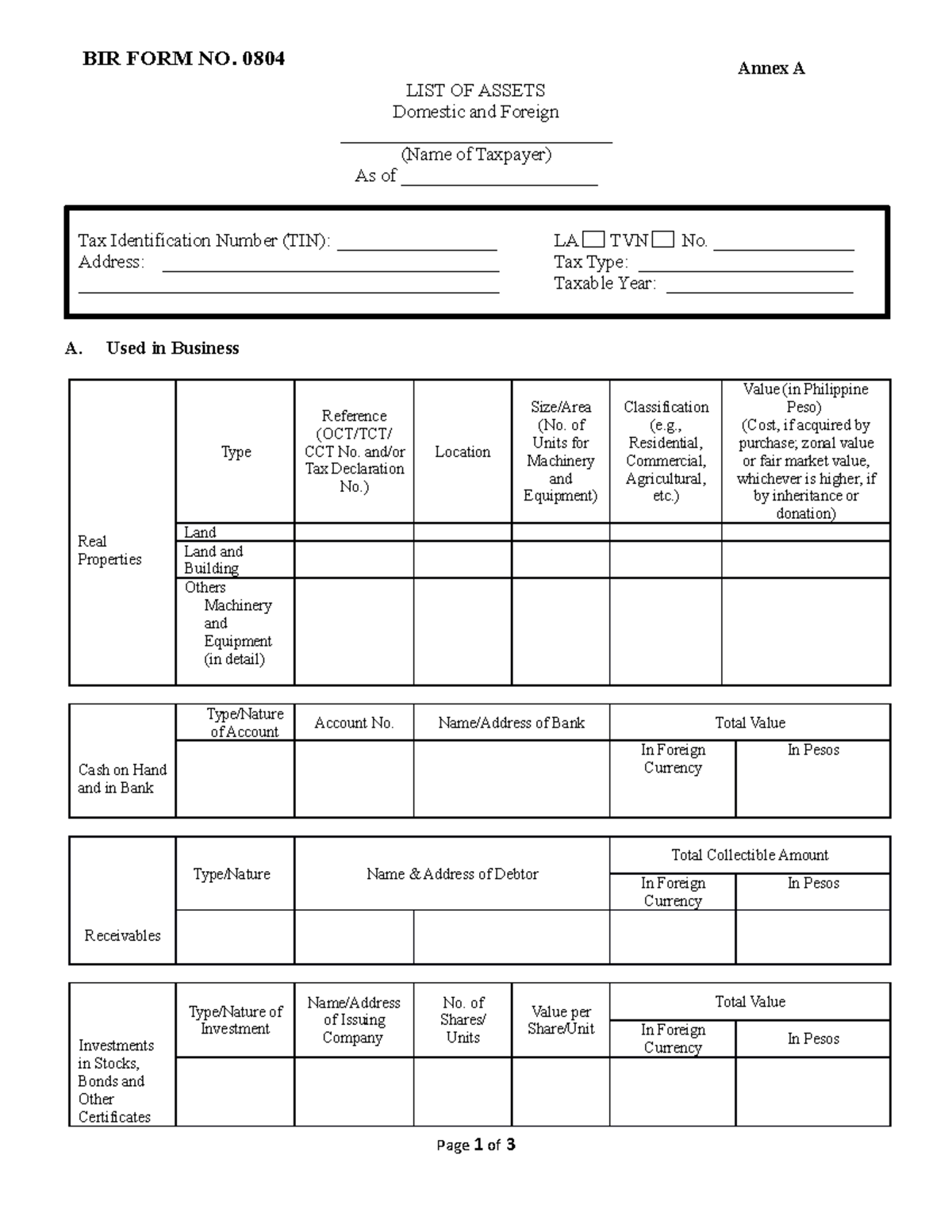 LIST OF ASSETS for Non-Accountants - BIR FORM NO. 0804 - Studocu