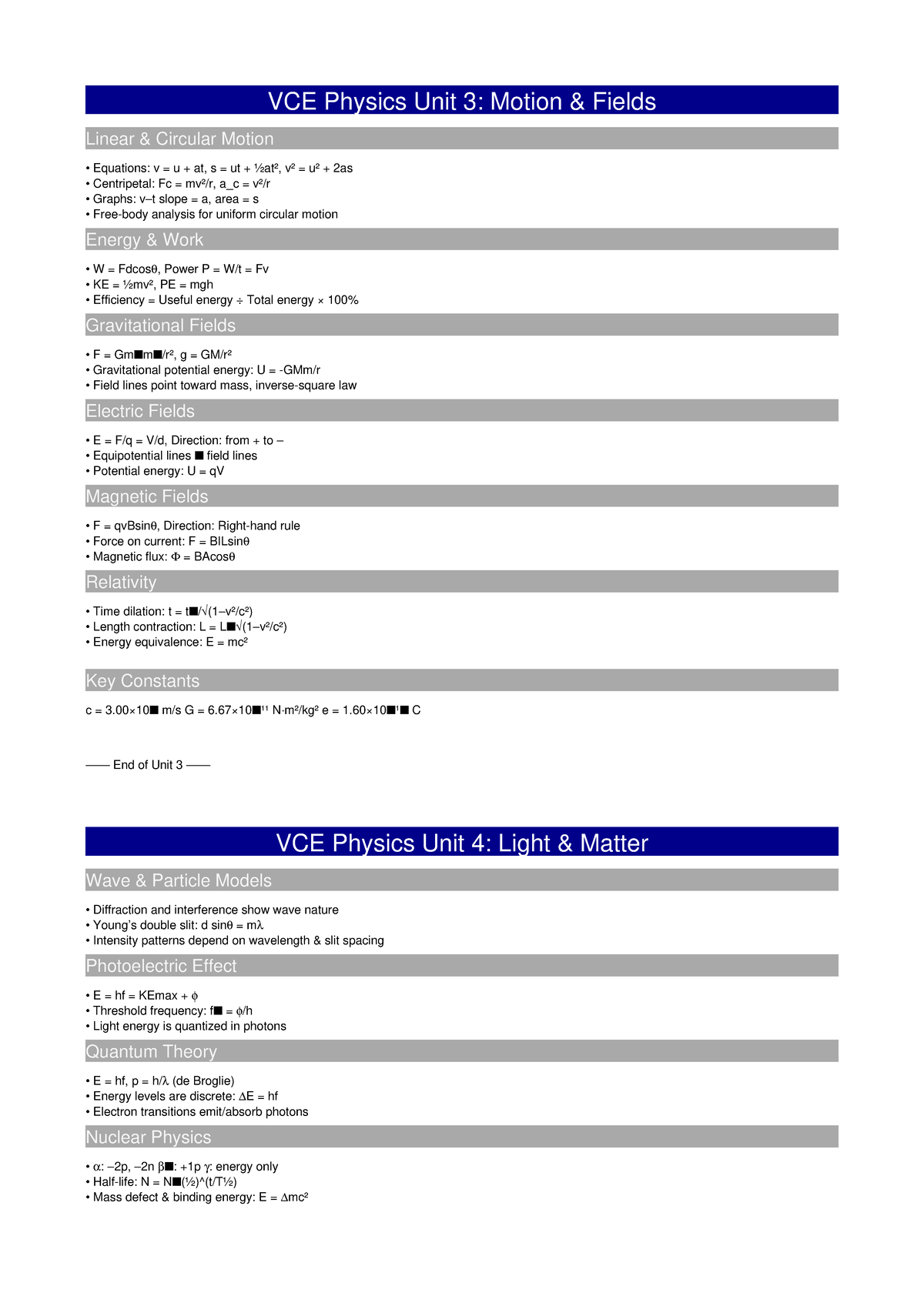 VCE Physics Unit 3 & 4 Cheat Sheet: Motion, Energy, and Light - Studocu