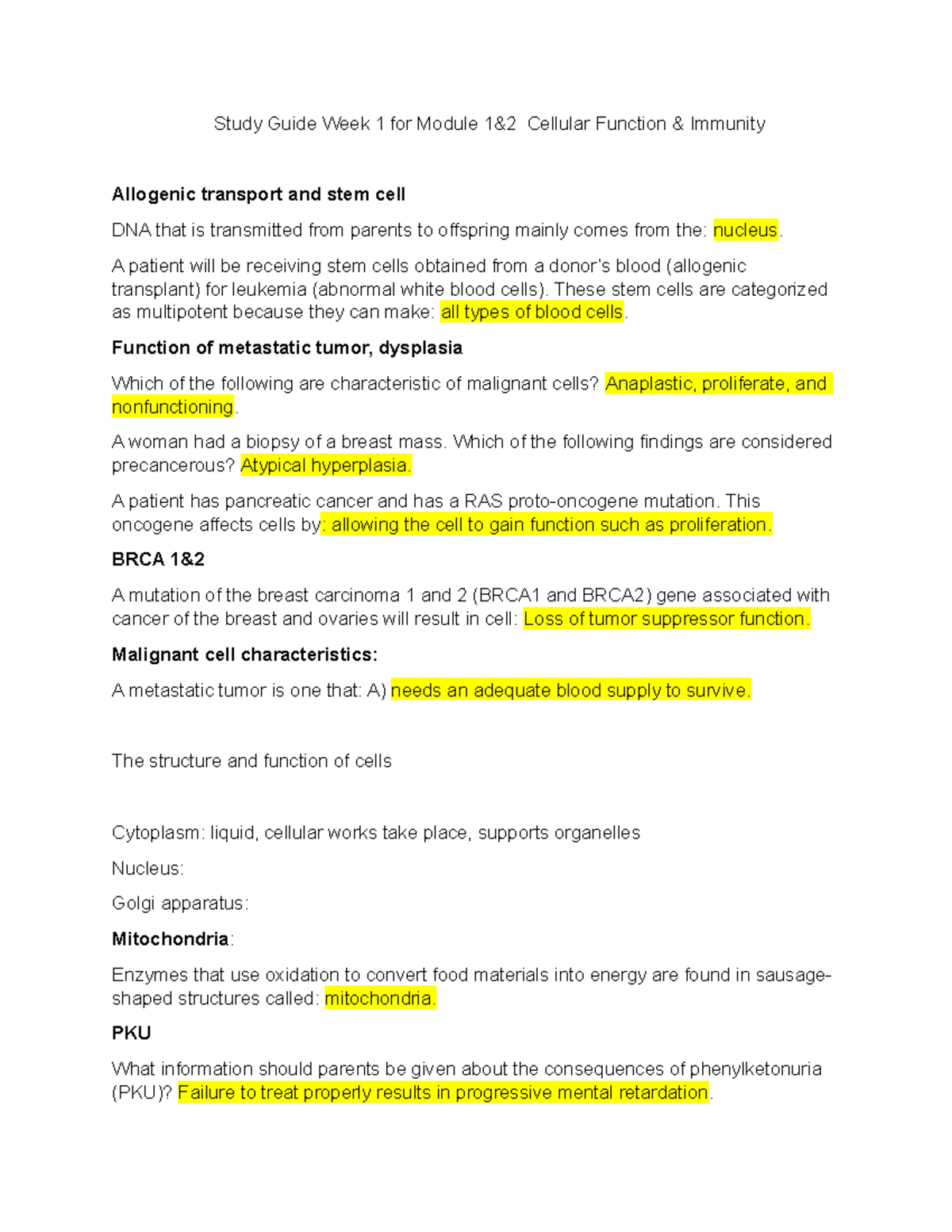 Study Guide Exam 1 Cellular Function & Immunity - Study Guide Week 1 ...