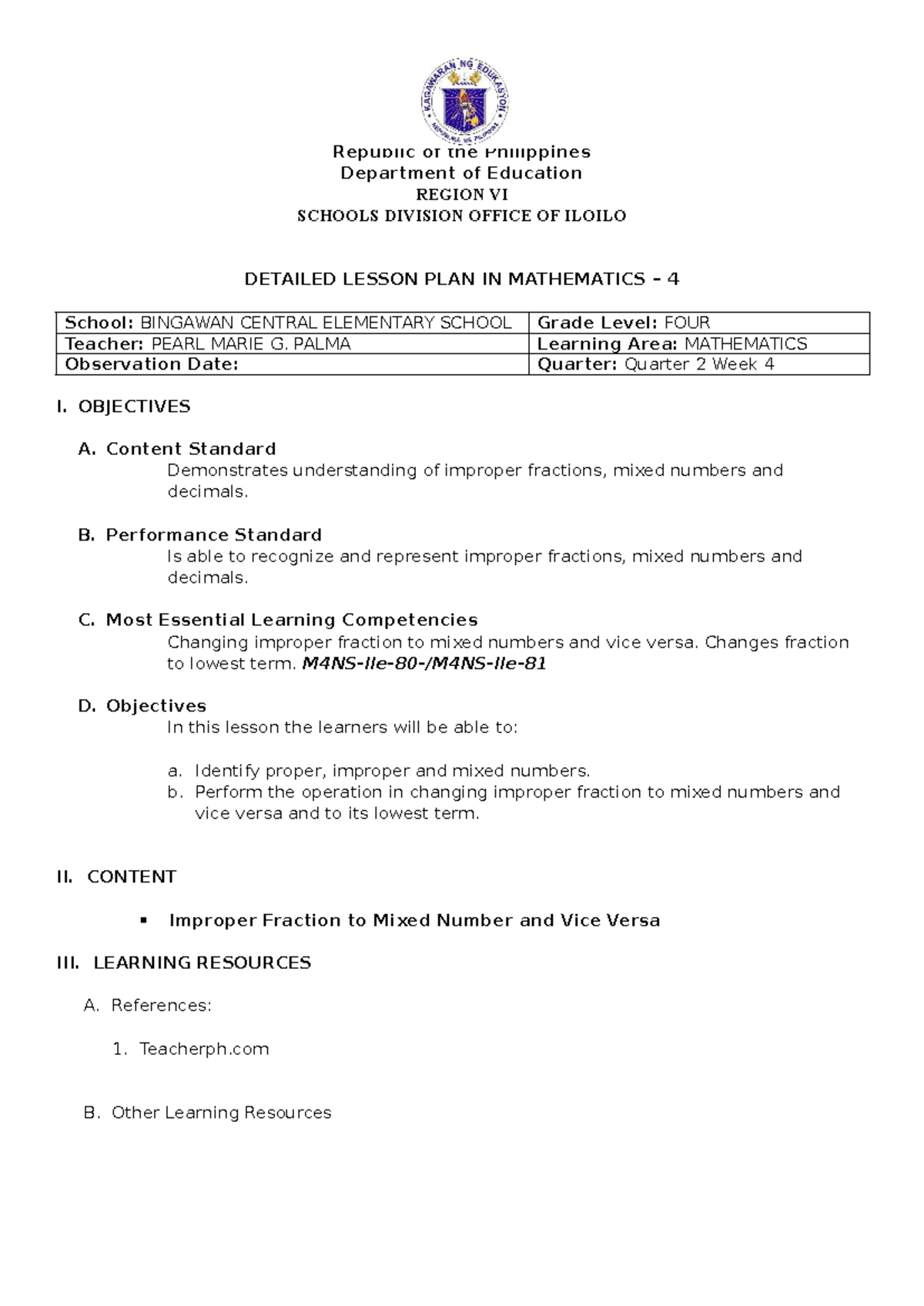 Detailed Lesson Plan for Math 4: Improper Fractions & Mixed Numbers ...