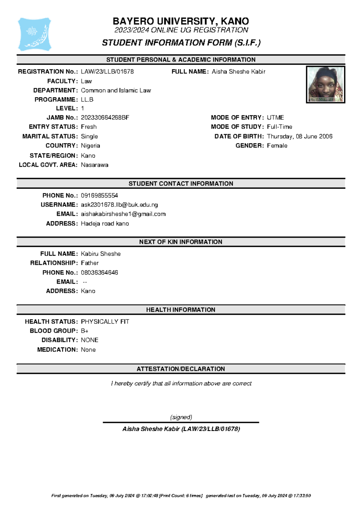 LAW.23.LLB.01678 Student Information Form 2023/2024 Registration - Studocu
