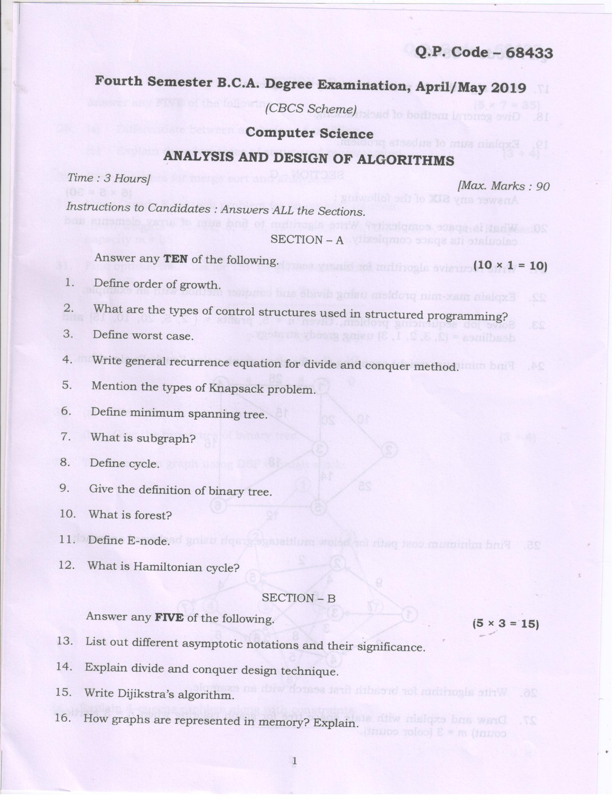68433 BCA 4th Sem Final Exam: Analysis & Design of Algorithms 2019 - Studocu
