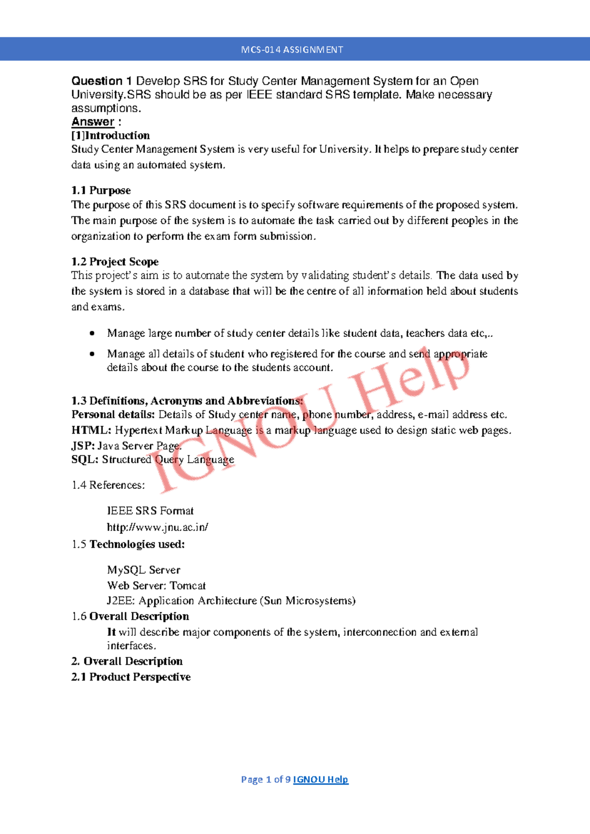 MCS-014 systeem design - MCS-014 ASSIGNMENT Question 1 Develop SRS for ...