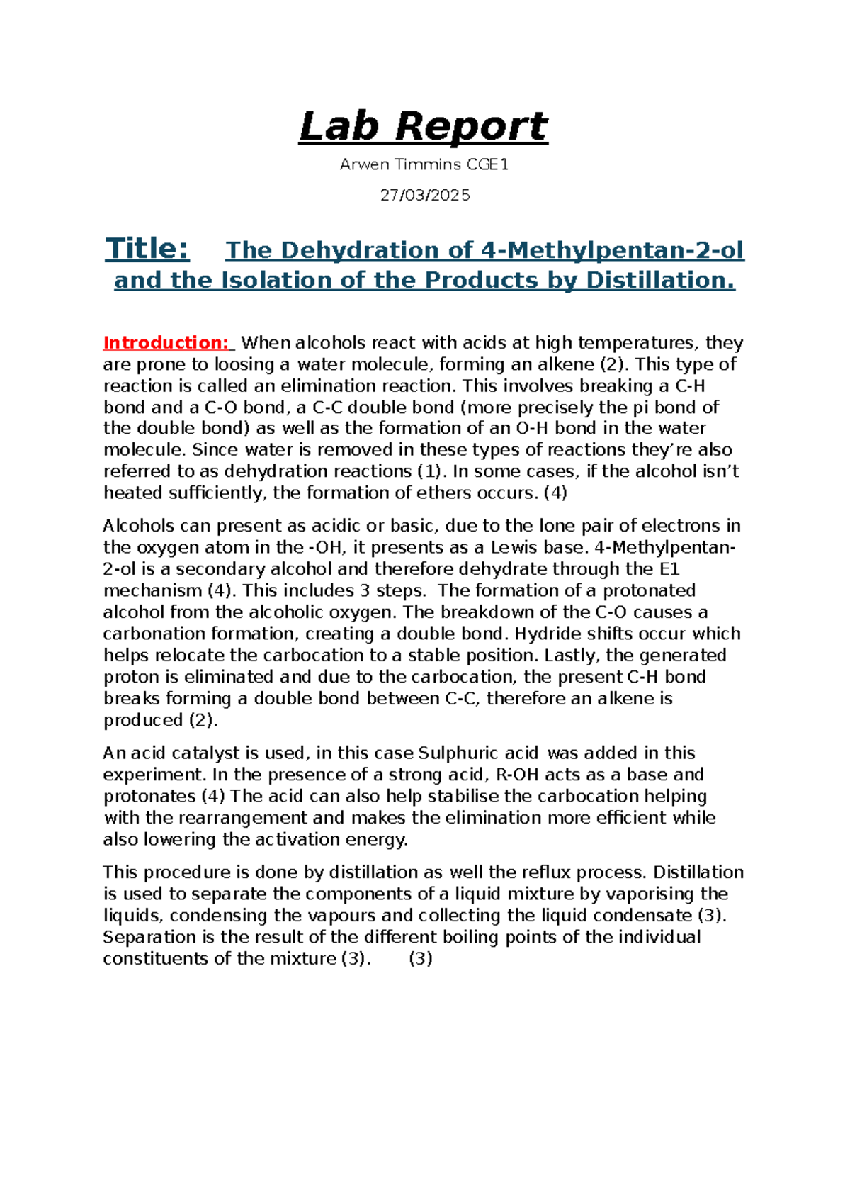 Lab Report Chem 25: Dehydration and Distillation of Alcohols - Studocu