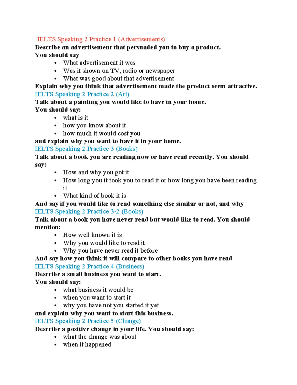 IELTS Speaking Part 3 Sample Questions and Topics - Studocu