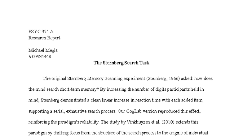 PSYC 351 A Research Report on the Sternberg Memory Task - Studocu