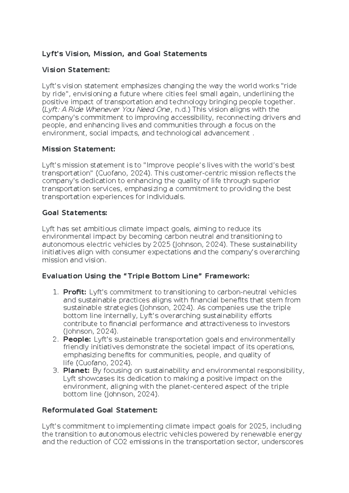 BUS 5117-01 Discussion Assignment Unit 2 - Lyft's Vision, Mission, and ...