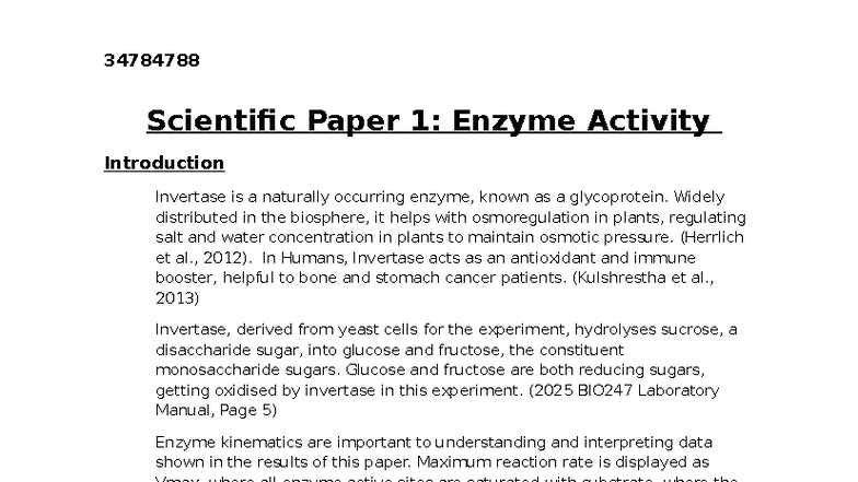 34784788 Scientific Paper 1: Invertase Enzyme Activity Analysis - Studocu
