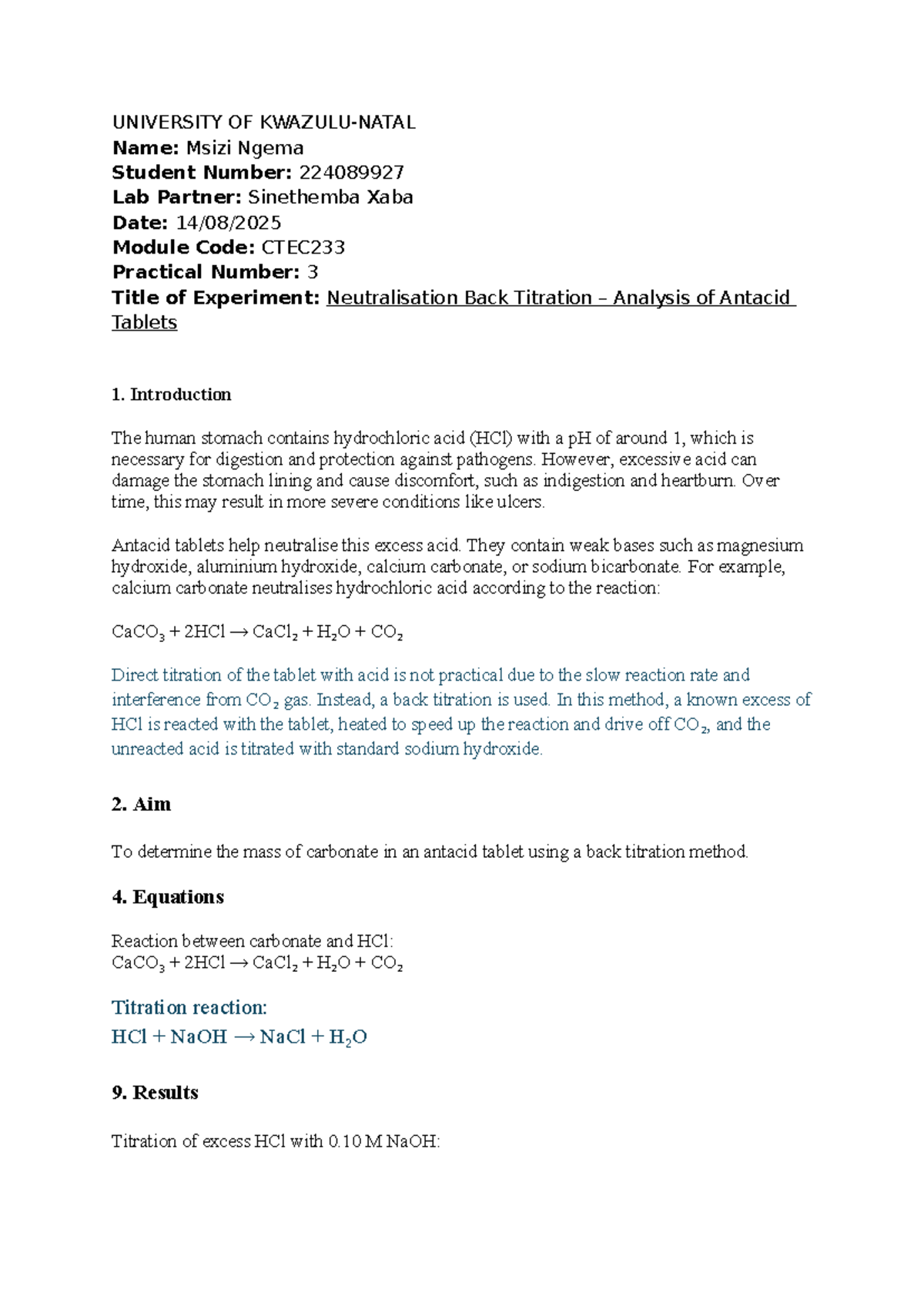 CTEC233 Practical 3: Neutralisation Back Titration of Antacids - Studocu