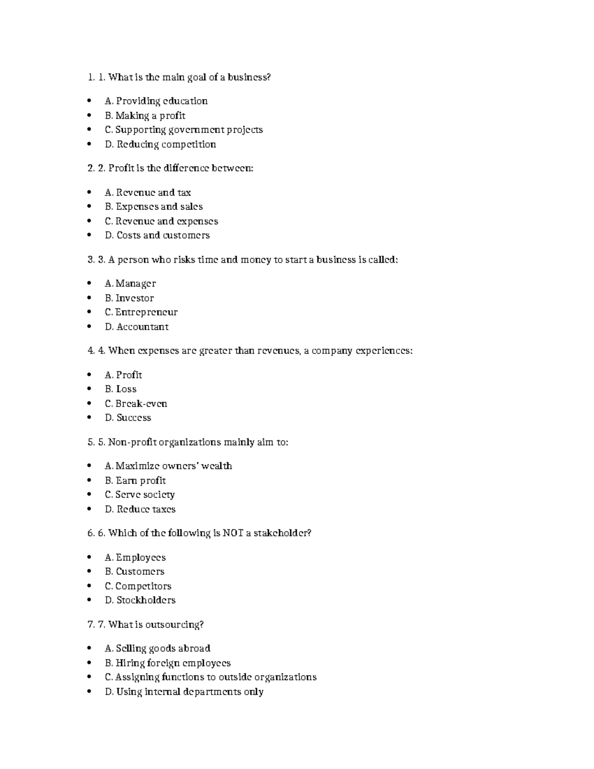 Intro to Business: Multiple Choice Questions (Course Code: intro2ba ...