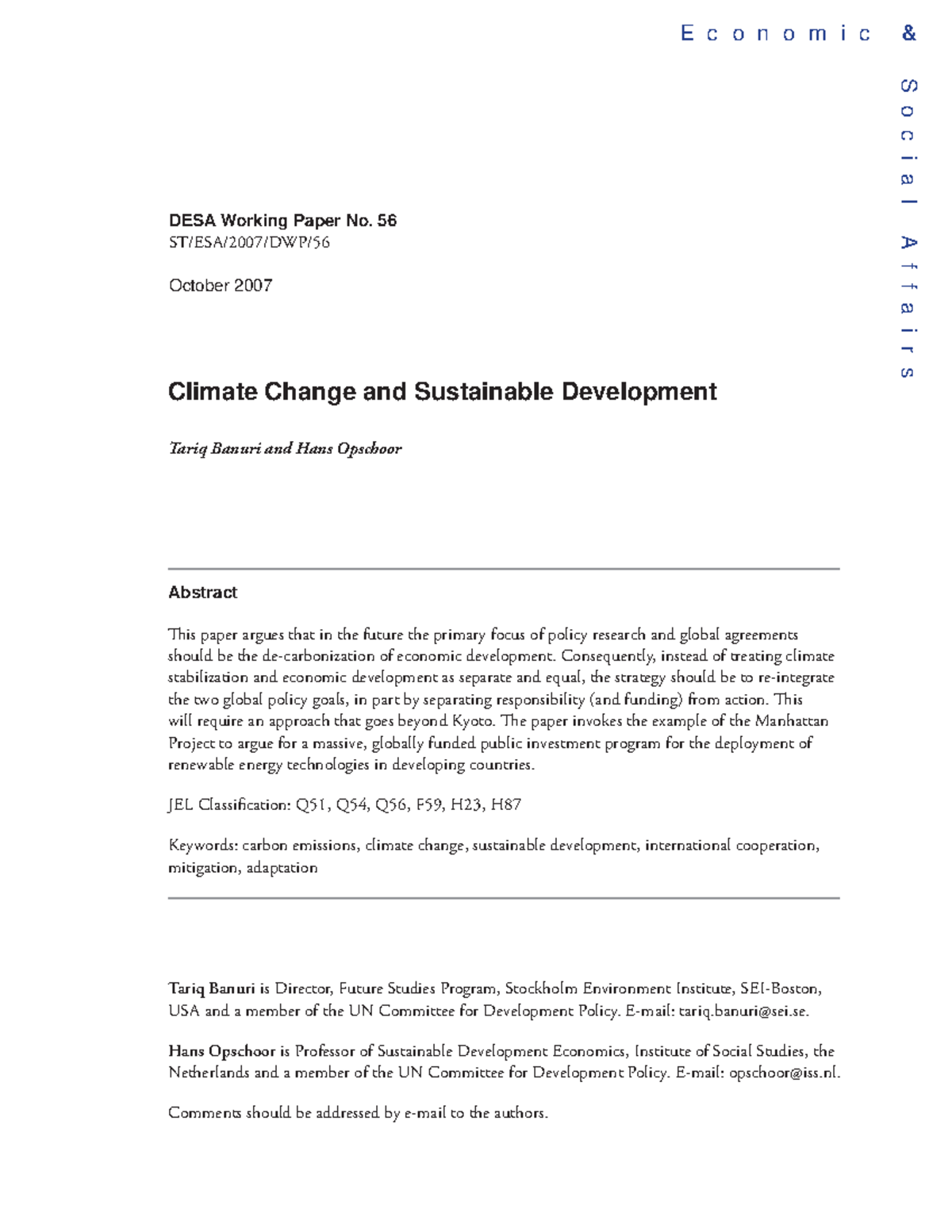Climate Change and Sustainable Development: DESA Working Paper No. 56 ...
