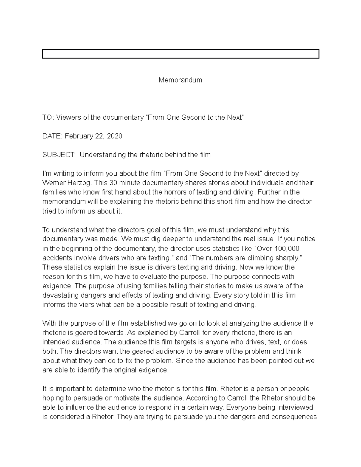 Memo on Rhetoric in “From One Second to the Next” Documentary - Studocu