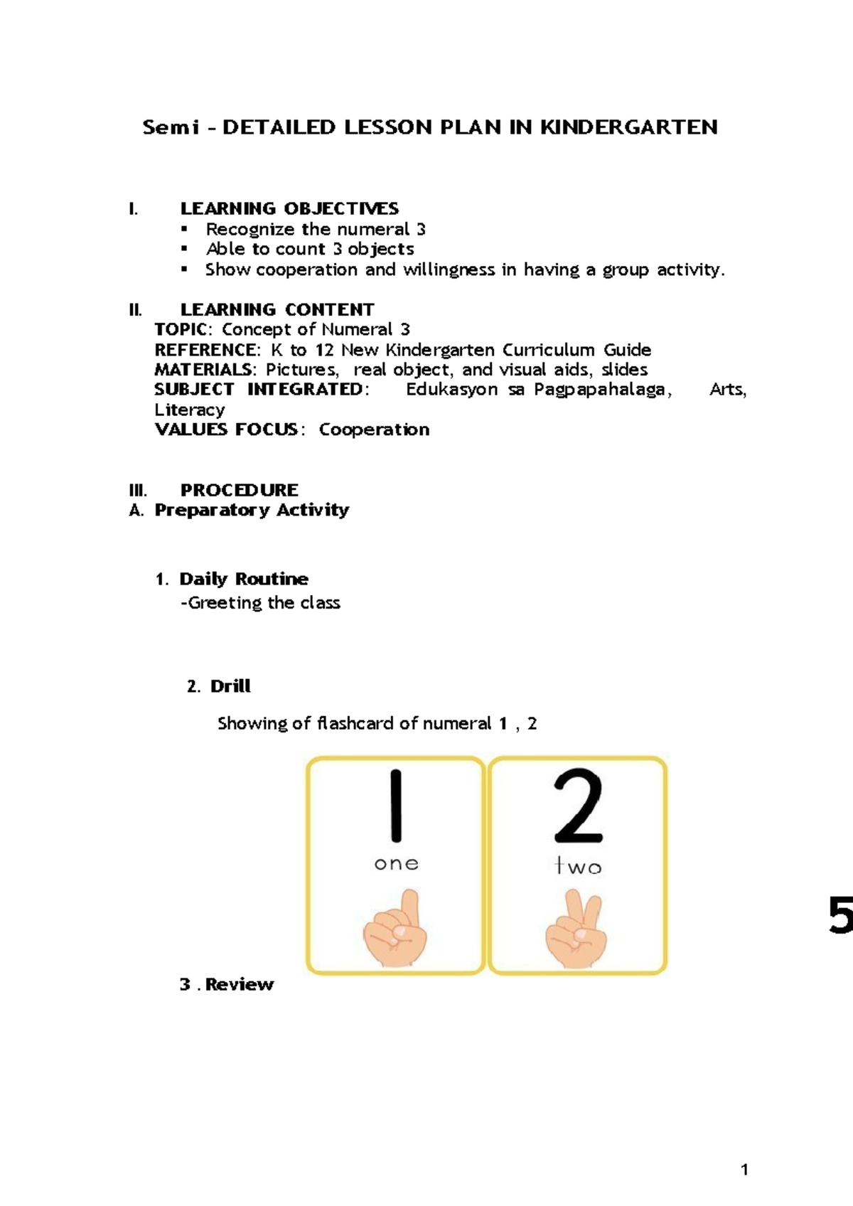Semi-Detailed Lesson Plan: Recognizing Numeral 3 in Kindergarten - Studocu