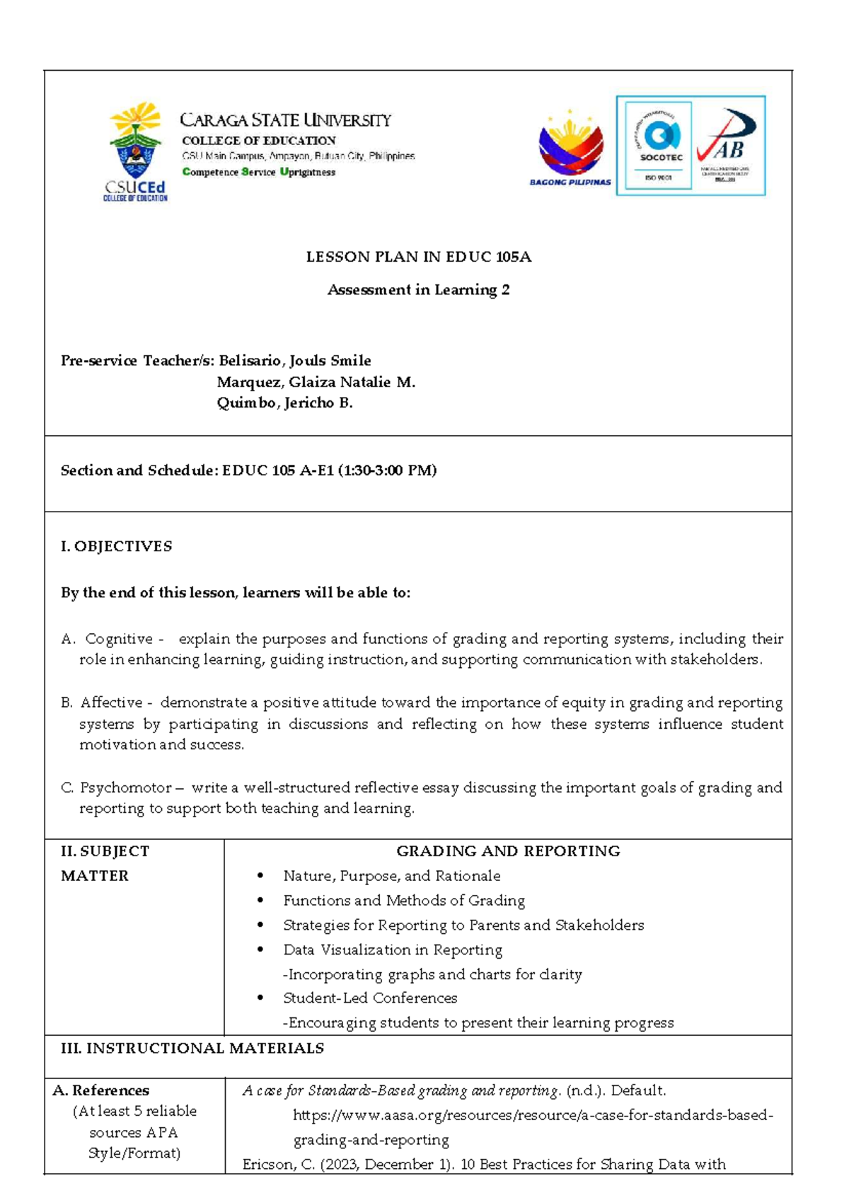 EDUC 105A Lesson Plan: Grading & Reporting Systems Overview - Studocu